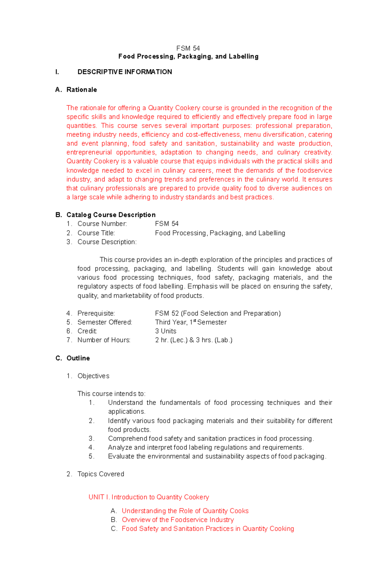 Course Outline for BTVTED - FSM 54 Food Processing, Packaging, and ...