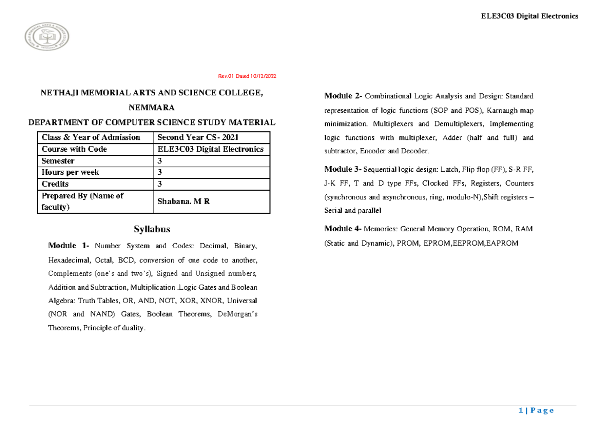 Digital Electronics 3rd sem - Rev Dated 10/12/ NETHAJI MEMORIAL ARTS ...