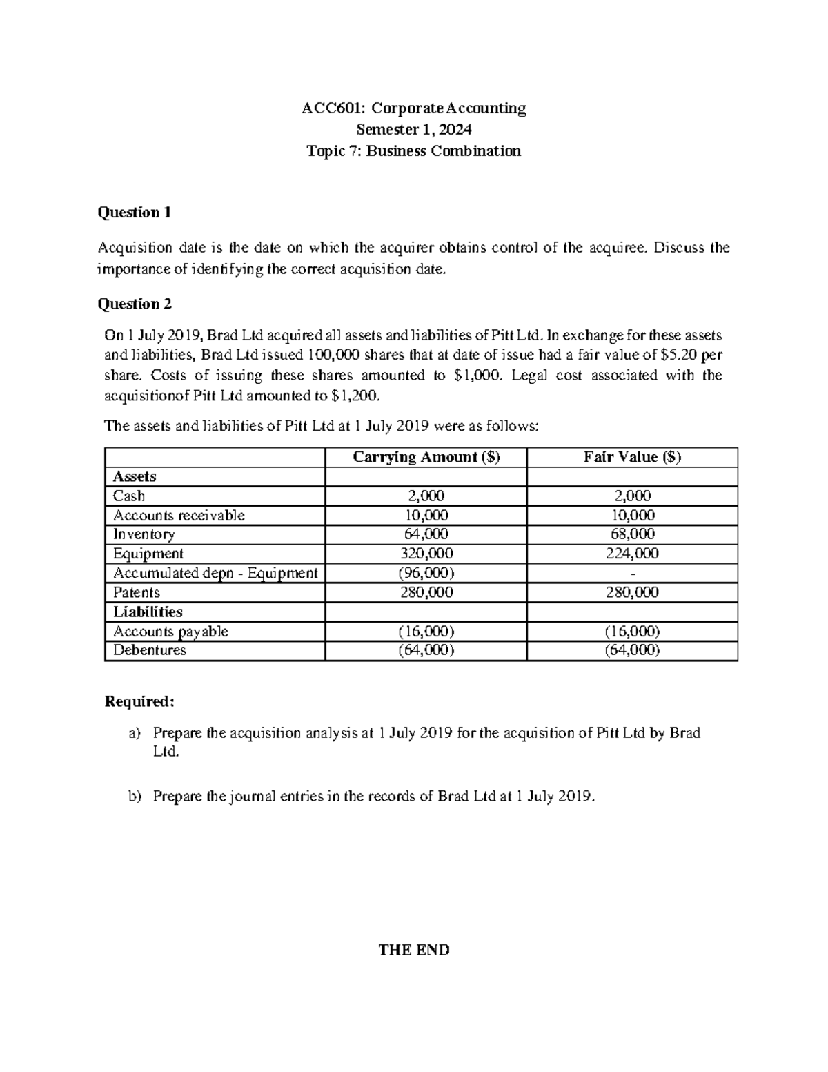 Tutorial 7 - ACC601: Corporate Accounting Semester 1, 2024 Topic 7 : Business Combination ...