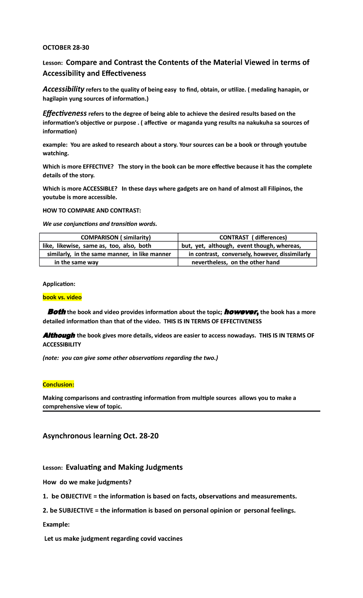 Asynchronous Lecture GR 10 OCT 2830 - OCTOBER 28- Lesson: Compare and ...