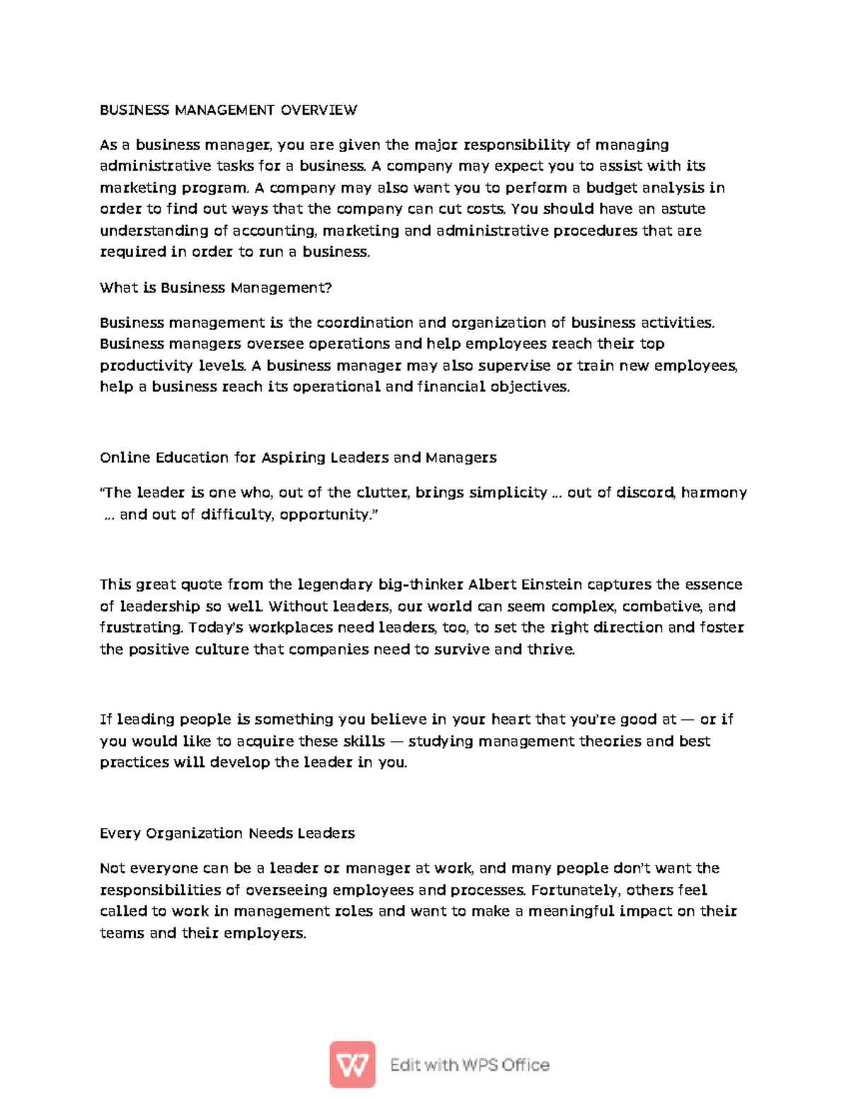 Business management overview - BUSINESS MANAGEMENT OVERVIEW As a ...