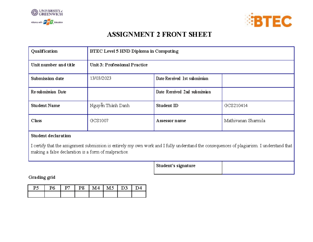 Assignment-2-Nguyễn Thành Danh - ASSIGNMENT 2 FRONT SHEET Qualification BTEC Level 5 HND Diploma ...