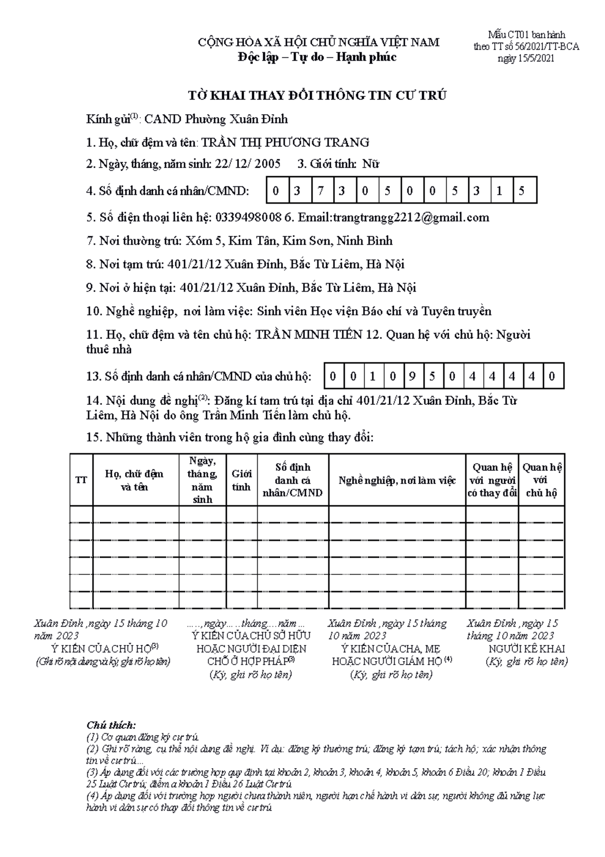 CT01 Tờ khai thay đổi thông tin cư trú - CỘNG HÒA XÃ HÔ I CHỦ NGHĨA VIỆ ...
