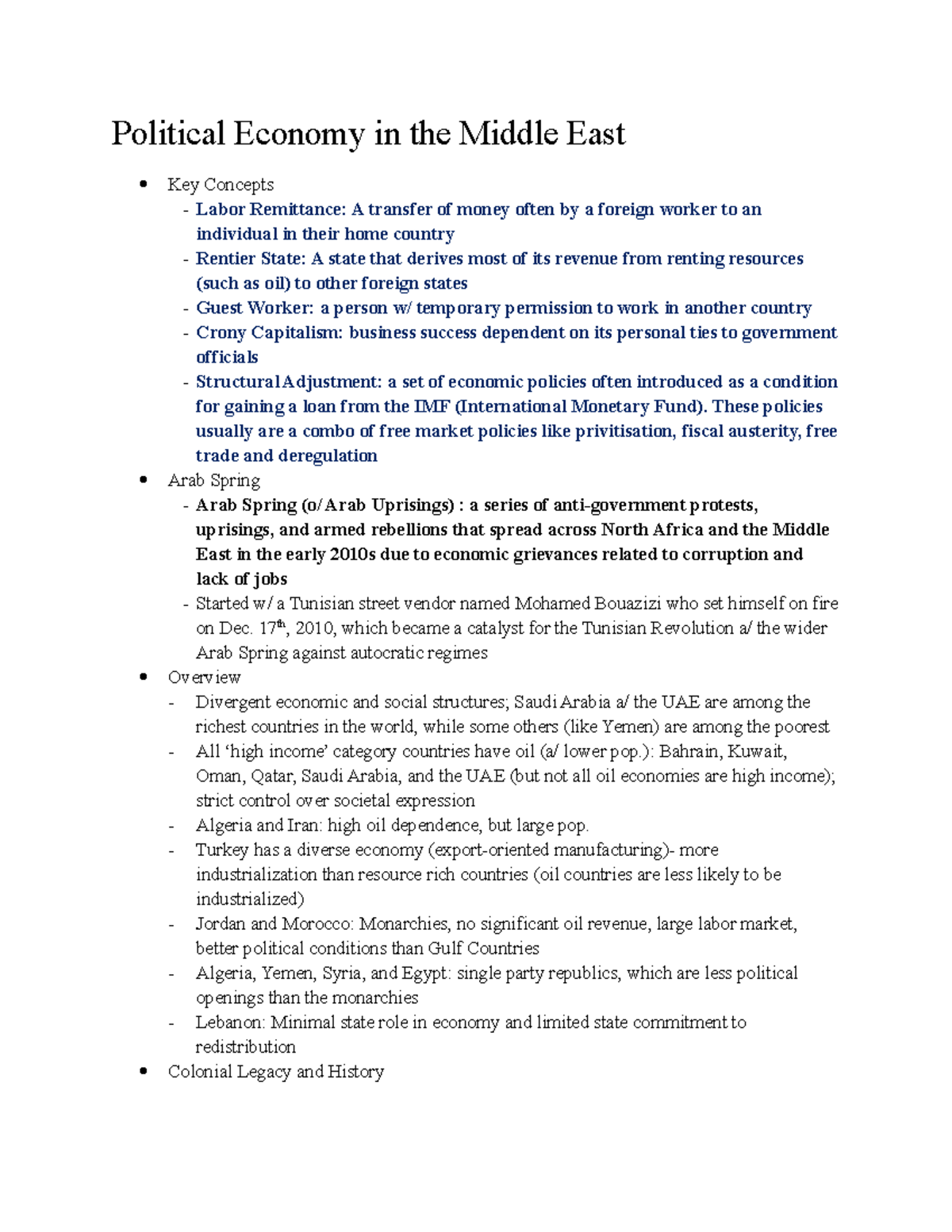 ME Politics Lecture 2 Notes - Political Economy in the Middle East Key ...