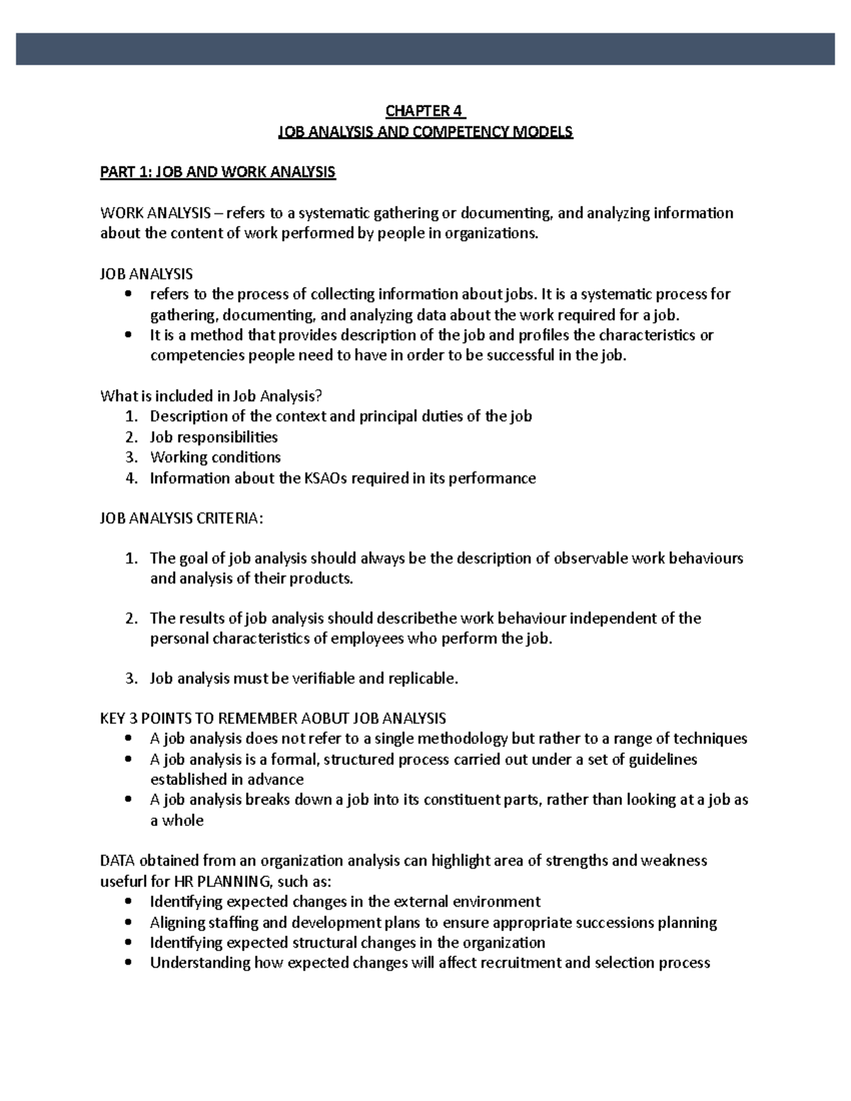 Ch 4 recruitment - CHAPTER 4 JOB ANALYSIS AND COMPETENCY MODELS PART 1 ...