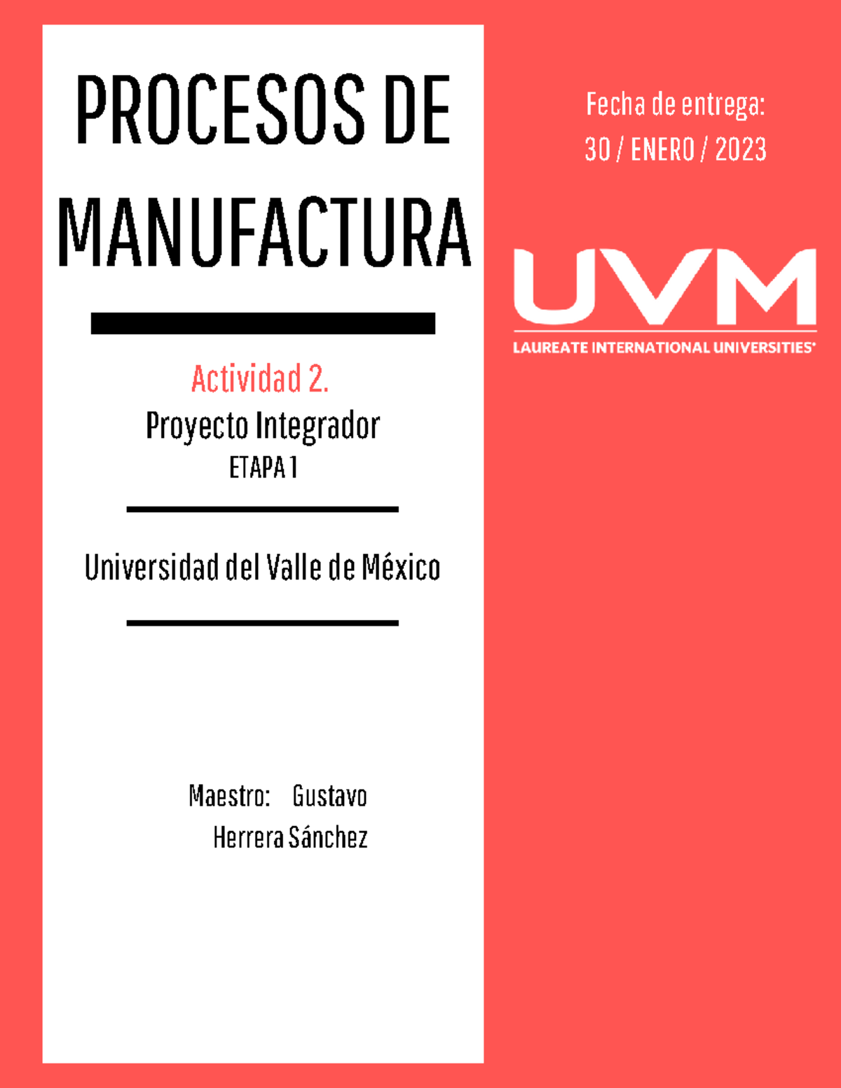 A2 Procesos DE Manufactura - PROCESOS DE MANUFACTURA Actividad 2. Proyecto Integrador ETAPA 1 ...