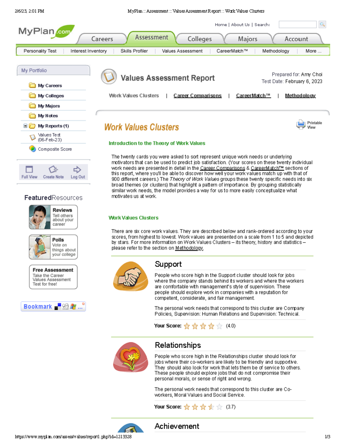 Values Assessment Report Amy Choi - 2/6/23, 2:01 PM MyPlan ...