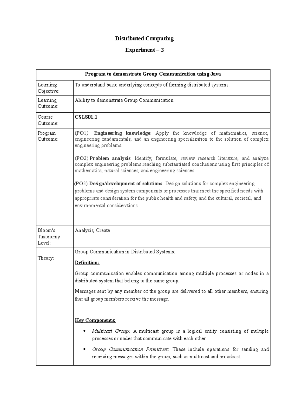 Experiment Three - Distributed Computing Experiment – 3 Program to demonstrate Group ...