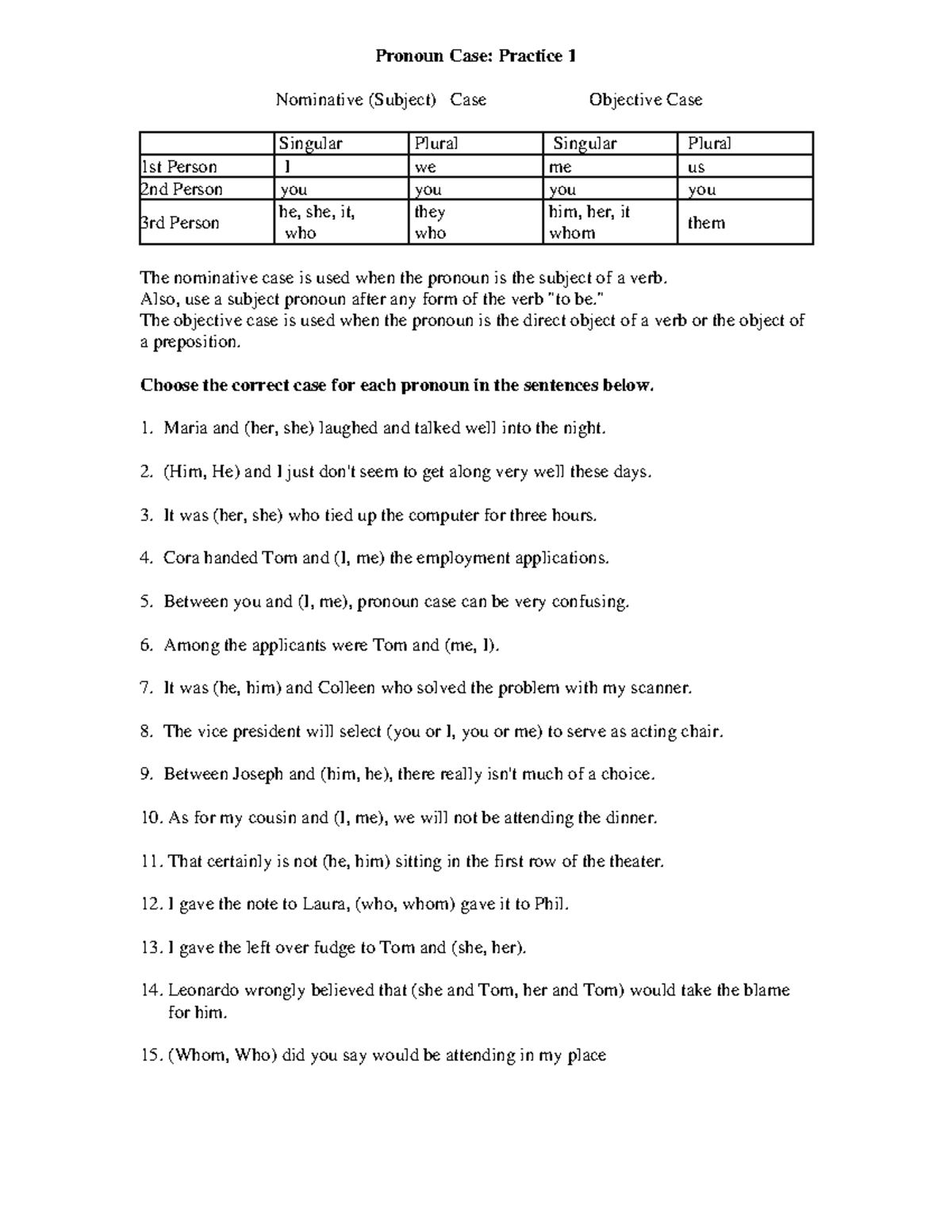 Pronoun Case Practice 1 - Also, use a subject pronoun after any form of ...
