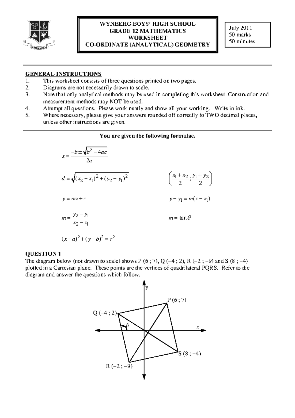 Gr12 Worksheet 1 Coord Geom - GENERAL INSTRUCTIONS This worksheet ...