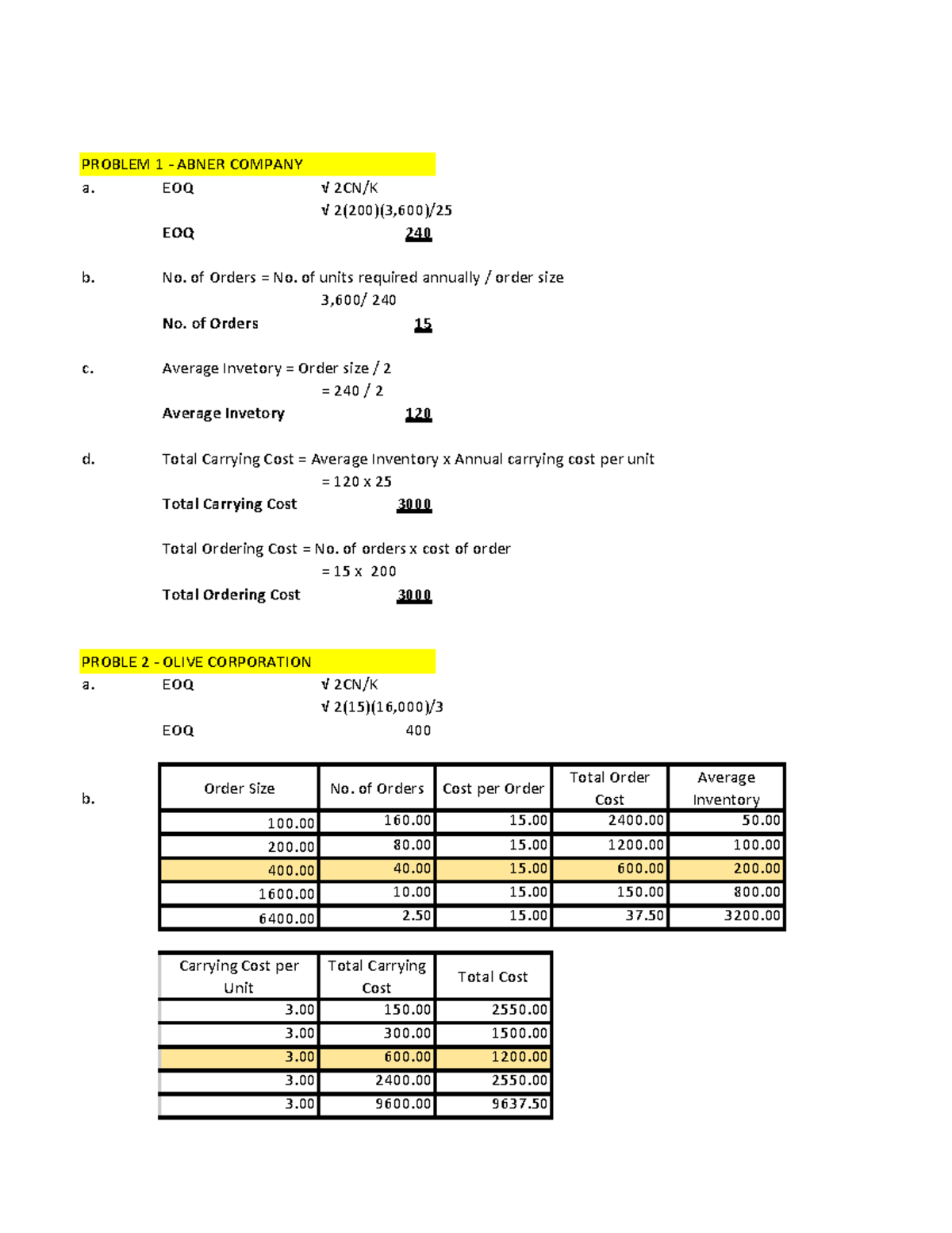 Chapter 7 COST ACC - Problem Solving - PROBLEM 1 - ABNER COMPANY a. EOQ ...