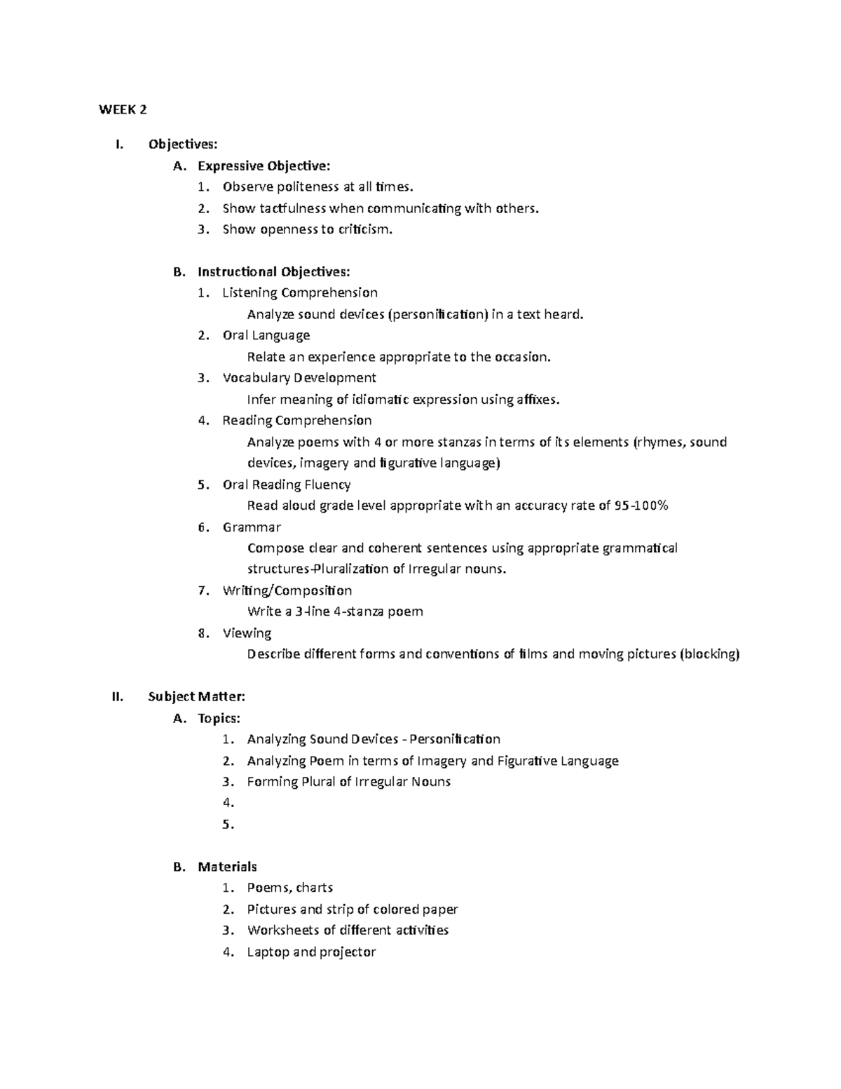 Week 2 - Detailed Lesson plan in Social studies and English 6. I hope ...