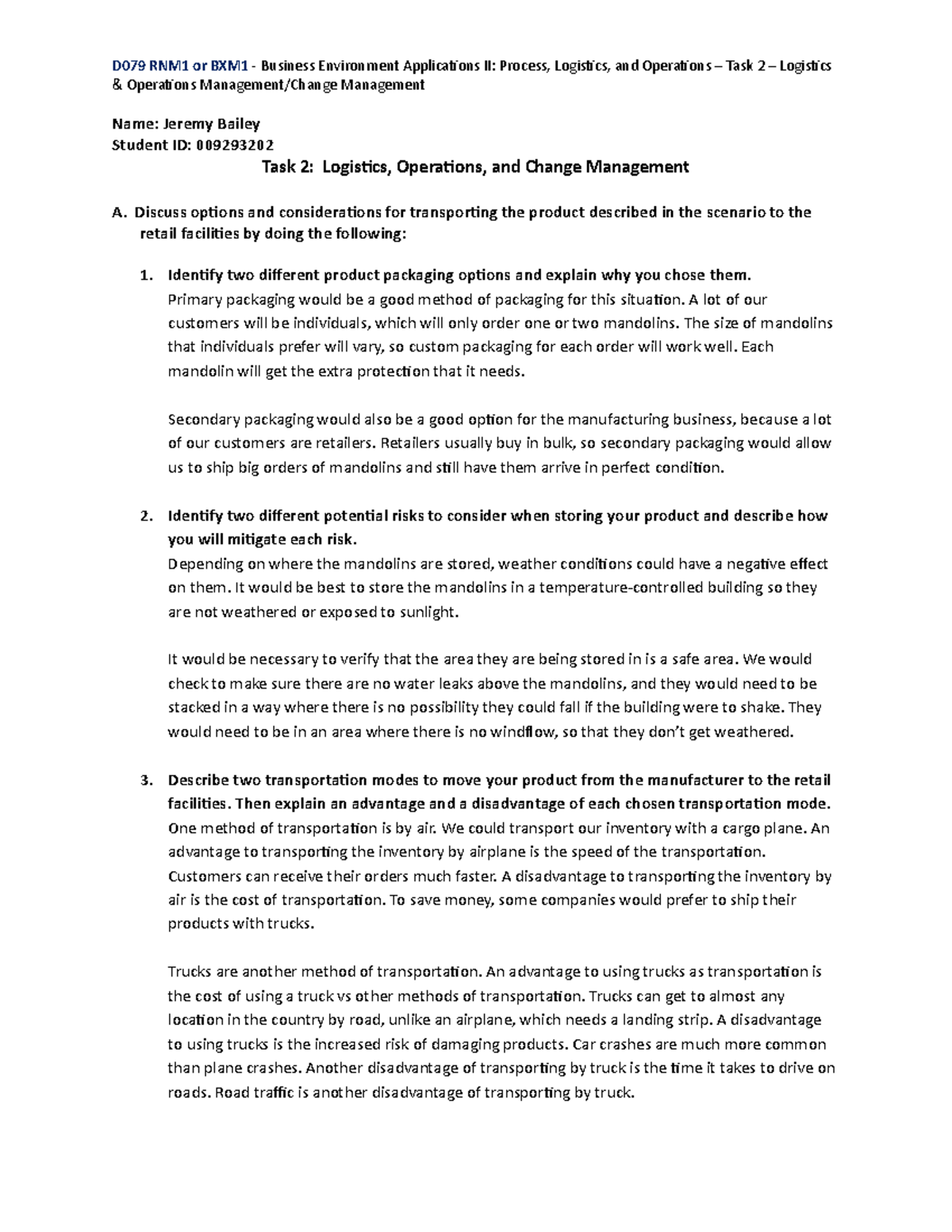 D079 Task 2 - Logistics Operations and Change Management - D079 RNM1 or ...