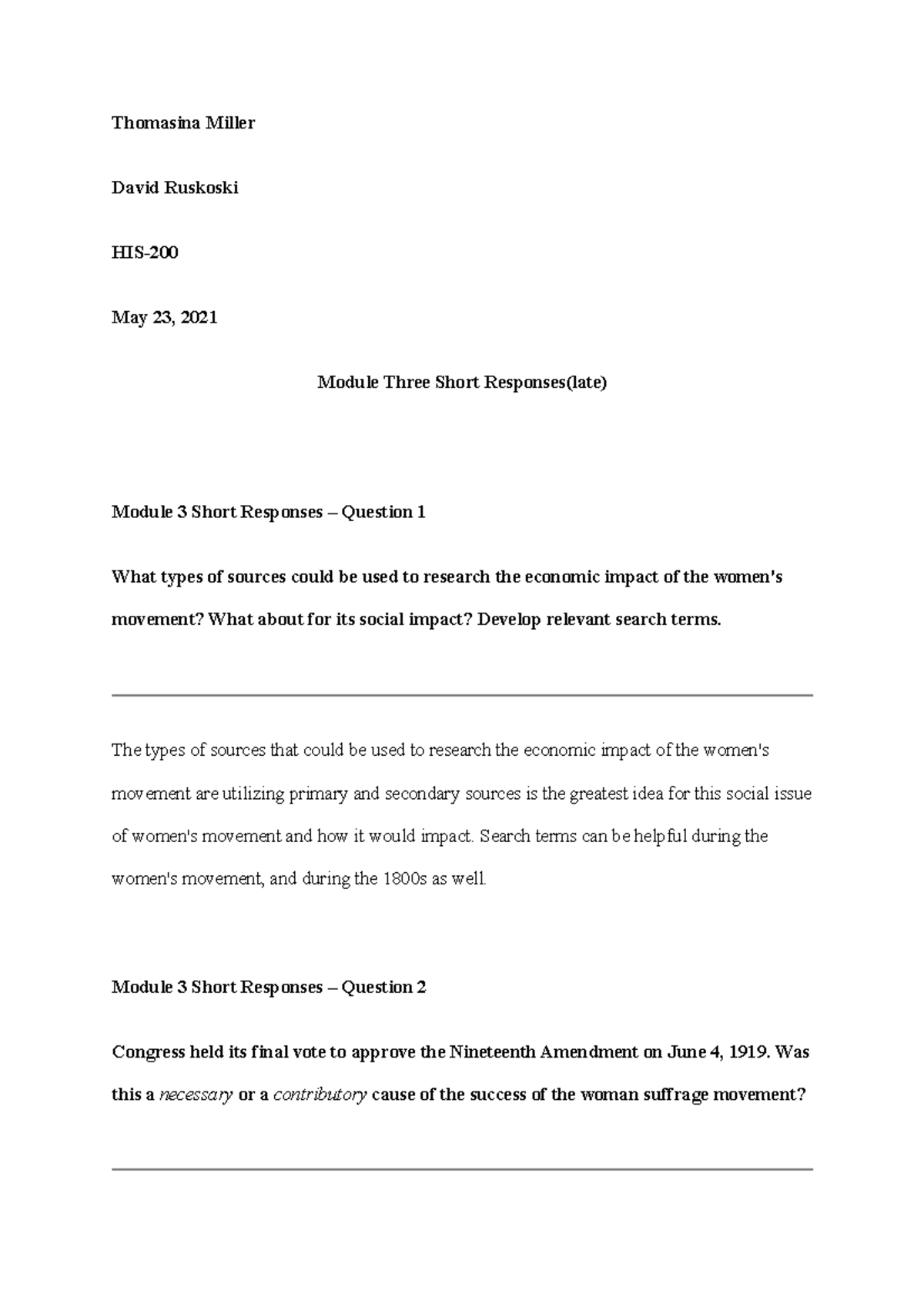 Module Three Short Responses Finished by Thomasina Miller - Thomasina ...