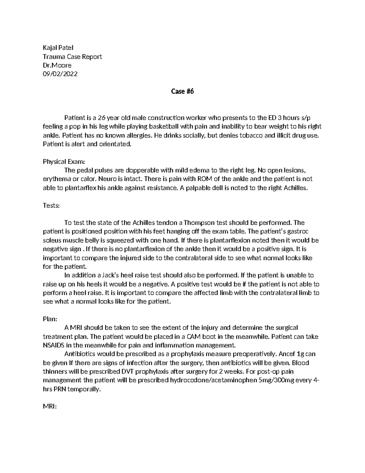 Trauma Case Report - Kajal Patel Trauma Case Report Dr 09/02/ Case ...