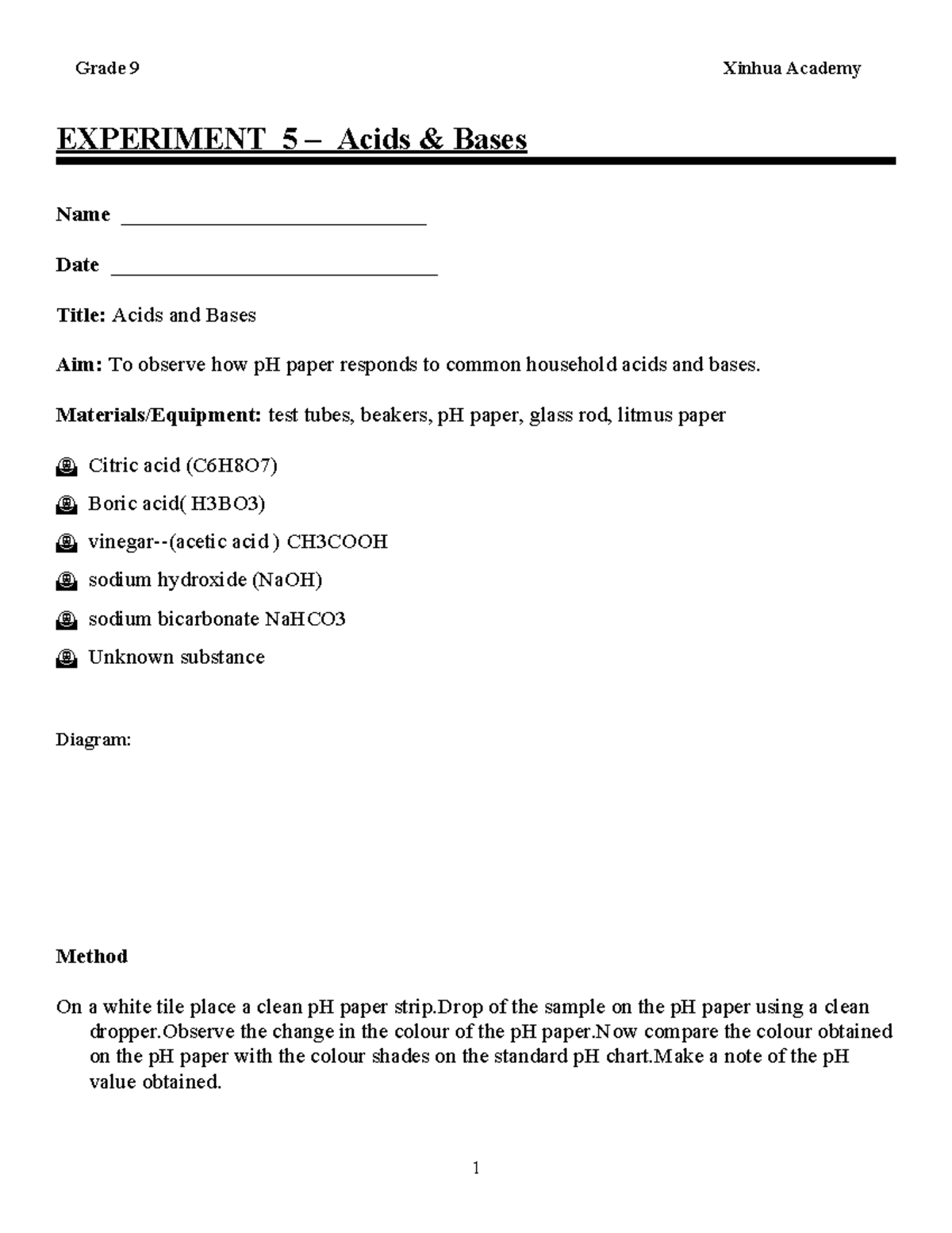 Grade 9 lab report form - a lab on acids and - Grade 9 Xinhua Academy ...