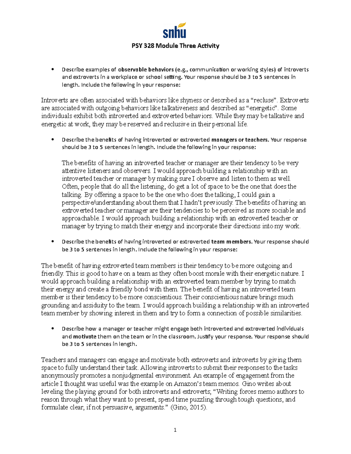 PSY 328 Unit 3- Activity - PSY 328 Module Three Activity Describe ...