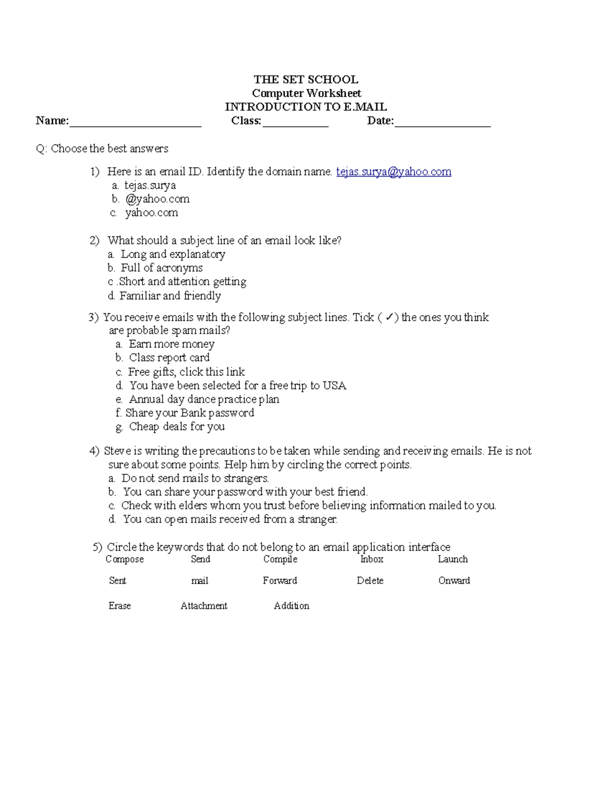 Email Worksheet Introduction To E-Mail Cyber World Emerging ...