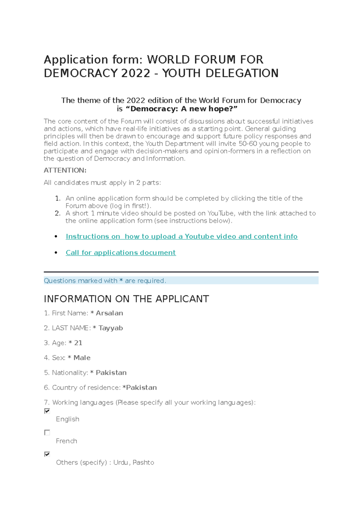 Application form WFD 2022 - Application form: WORLD FORUM FOR DEMOCRACY 2022 - YOUTH DELEGATION ...