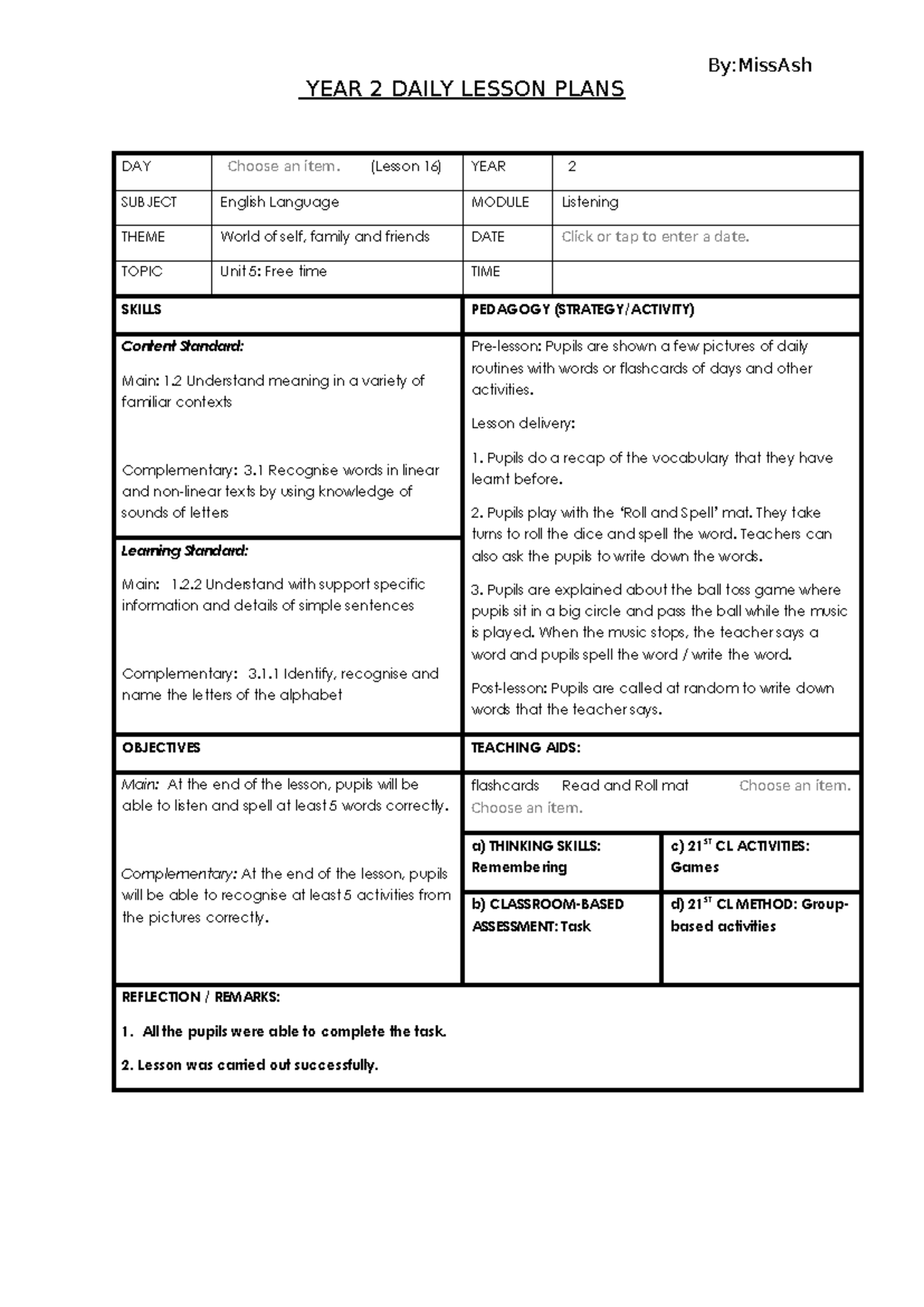Y2 E L16 - L20 (U5) - for year 2 - YEAR 2 DAILY LESSON PLANS DAY Choose ...