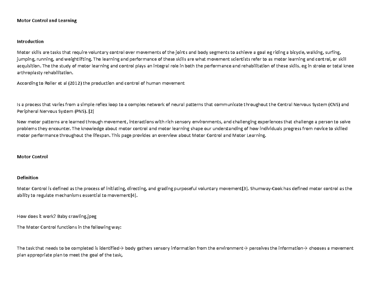 Motor Control and Learning notes - Motor Control and Learning ...