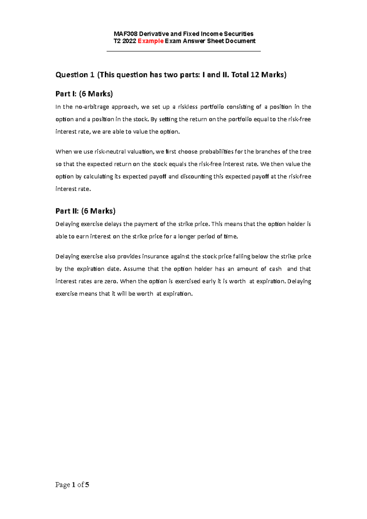 MAF308 Example Exam Solutions (In answer sheet) - T2 2022 Example Exam ...