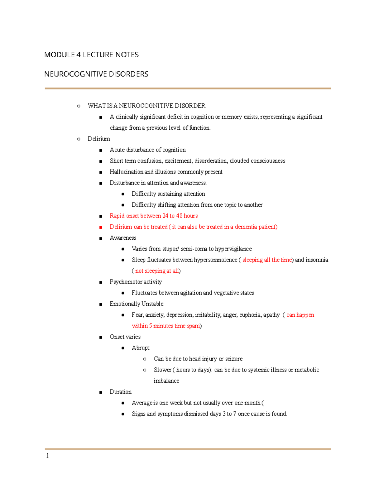 Class notes NCD - NCD - MODULE 4 LECTURE NOTES NEUROCOGNITIVE DISORDERS ...