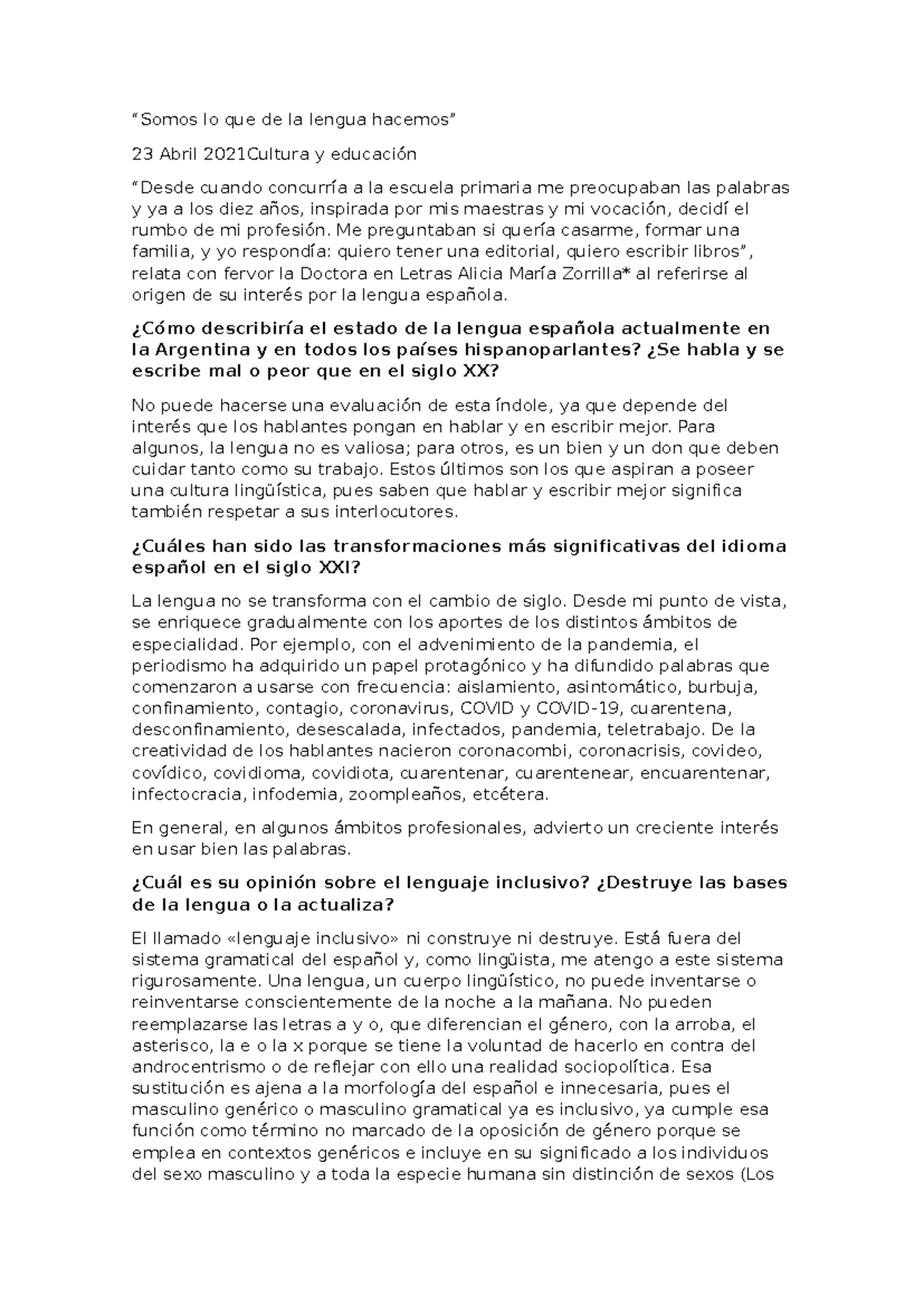 Reflexiones - Ejercicio practico del primer parcial - “Somos lo que de ...