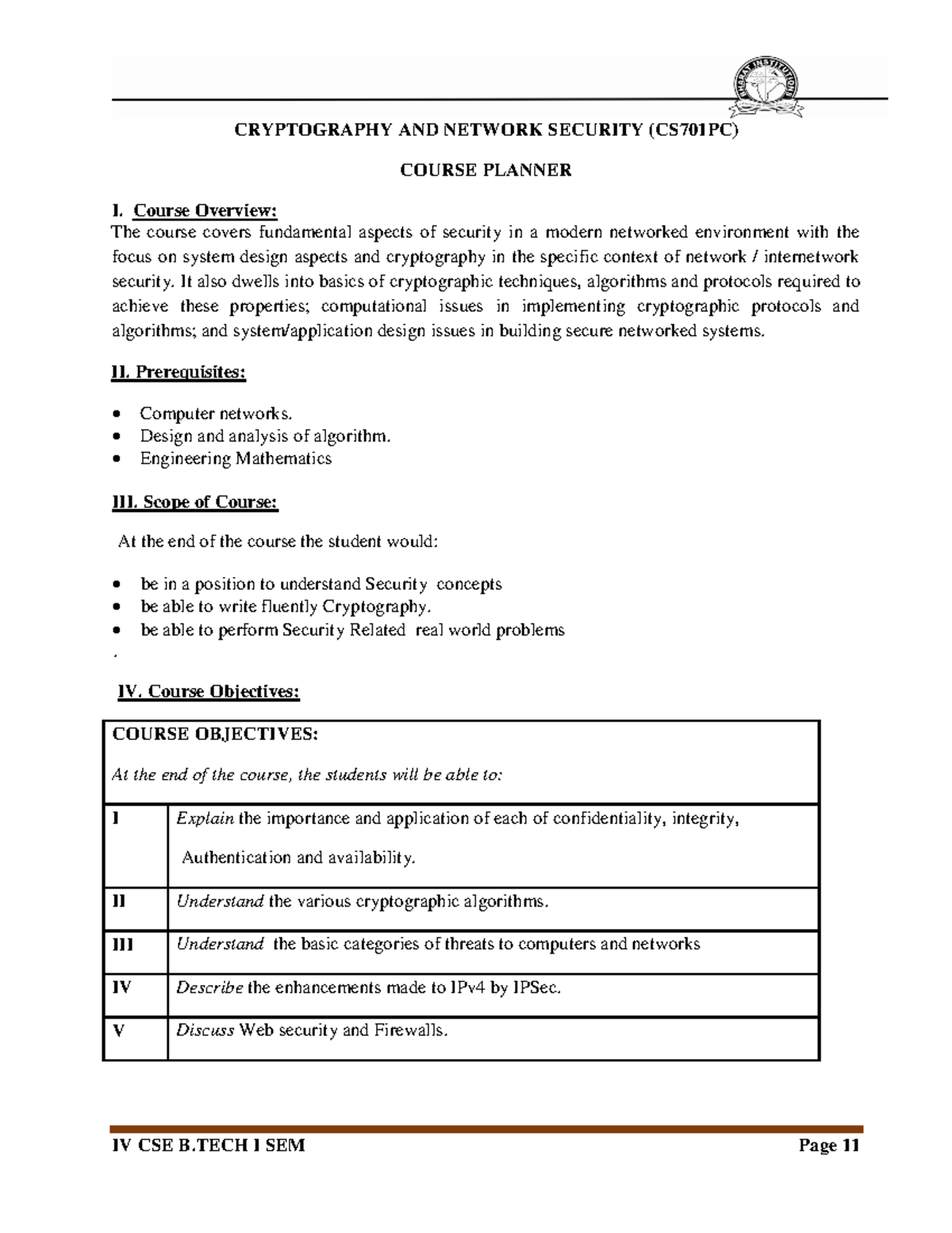 Cns sample file - brief explanation - CRYPTOGRAPHY AND NETWORK SECURITY (CS701PC) COURSE PLANNER ...