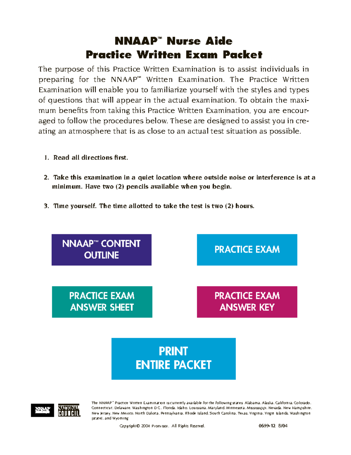 Nnaap Nurse Aide Practice Exam Packet - Copyright© 200 4 Promissor. All ...