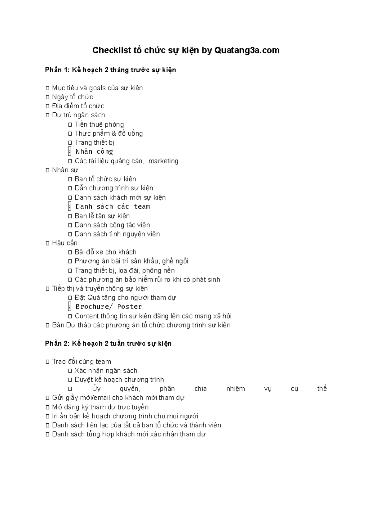 Checklist tổ chức sự kiện by Quatang 3a - Checklist tổ chức sự kiện by ...