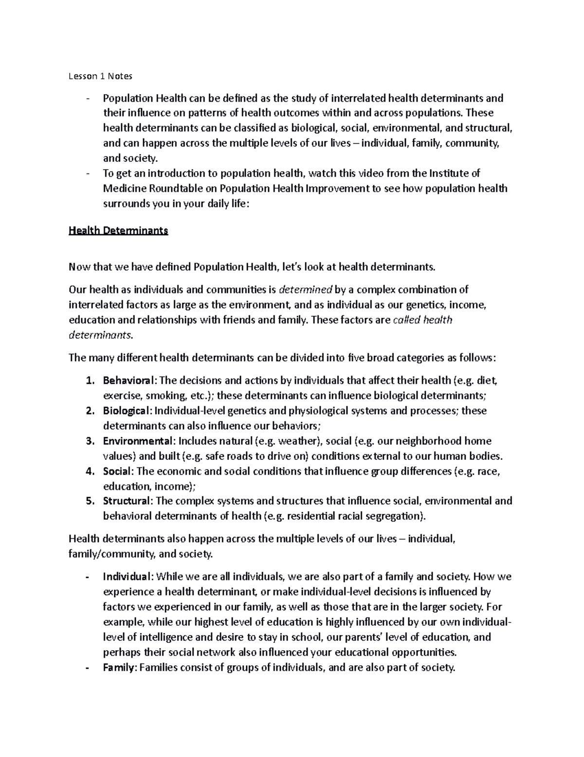 HPA 311 Lesson 1 - Lesson 1 Notes Population Health can be defined as ...