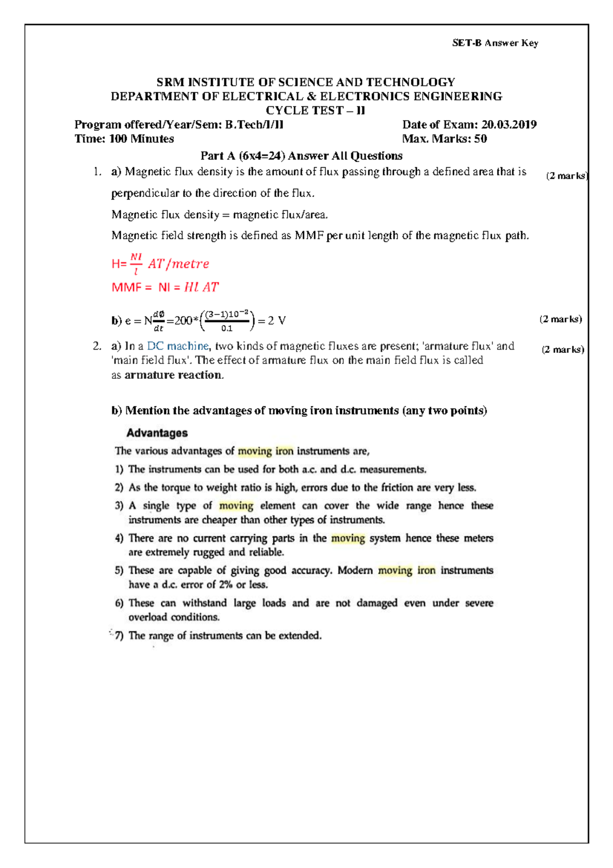 Cycle test 2 answer set 2 - SRM INSTITUTE OF SCIENCE AND TECHNOLOGY ...