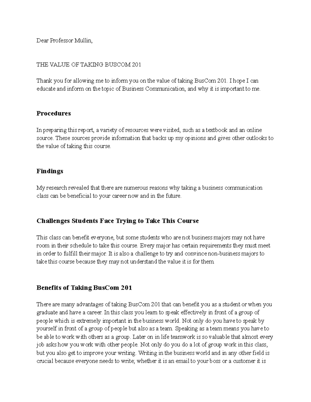 Mandatory notes - Dear Professor Mullin, THE VALUE OF TAKING BUSCOM 201 ...