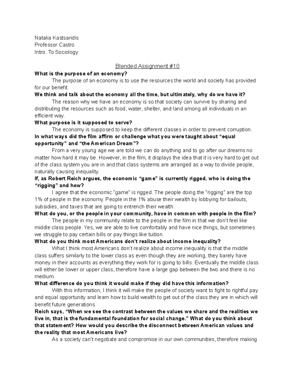 Blended Assignment #10 - Natalia Kastsaridis Professor Castro Intro. To Sociology Blended ...