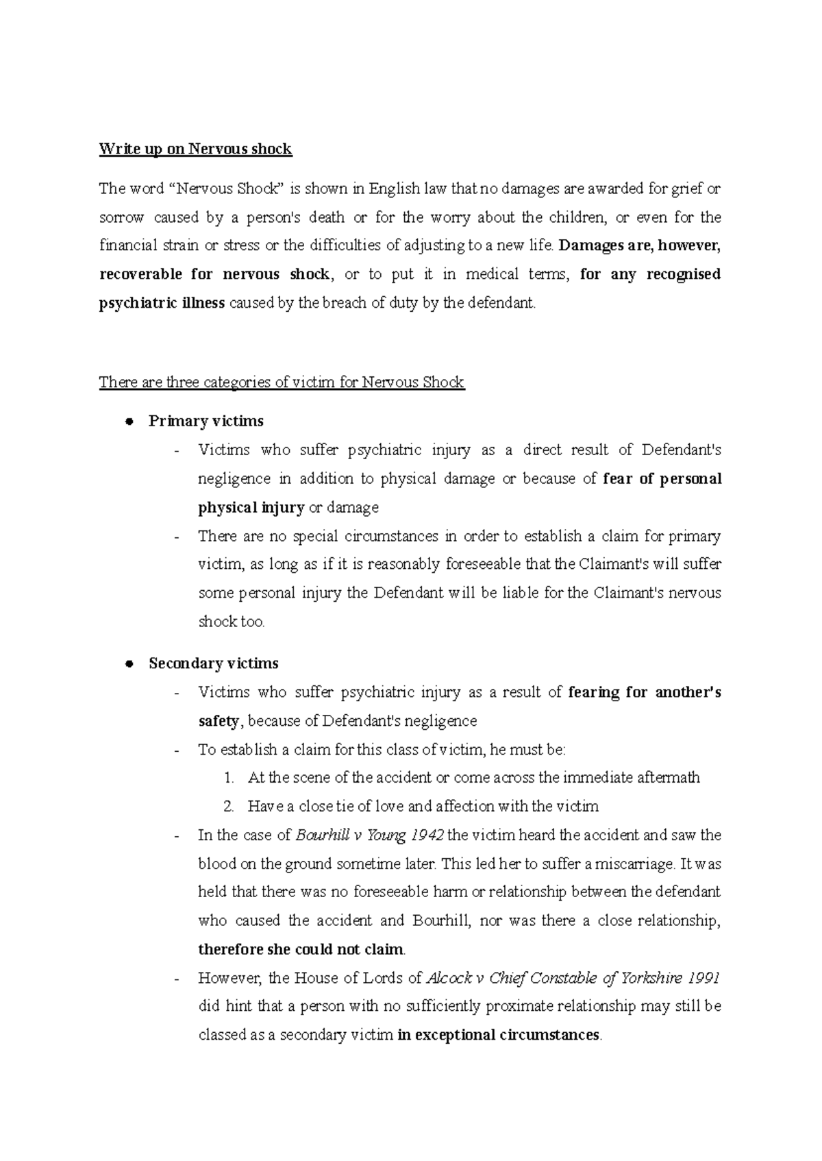 Write up on Nervous shock - Damages are, however, recoverable for ...