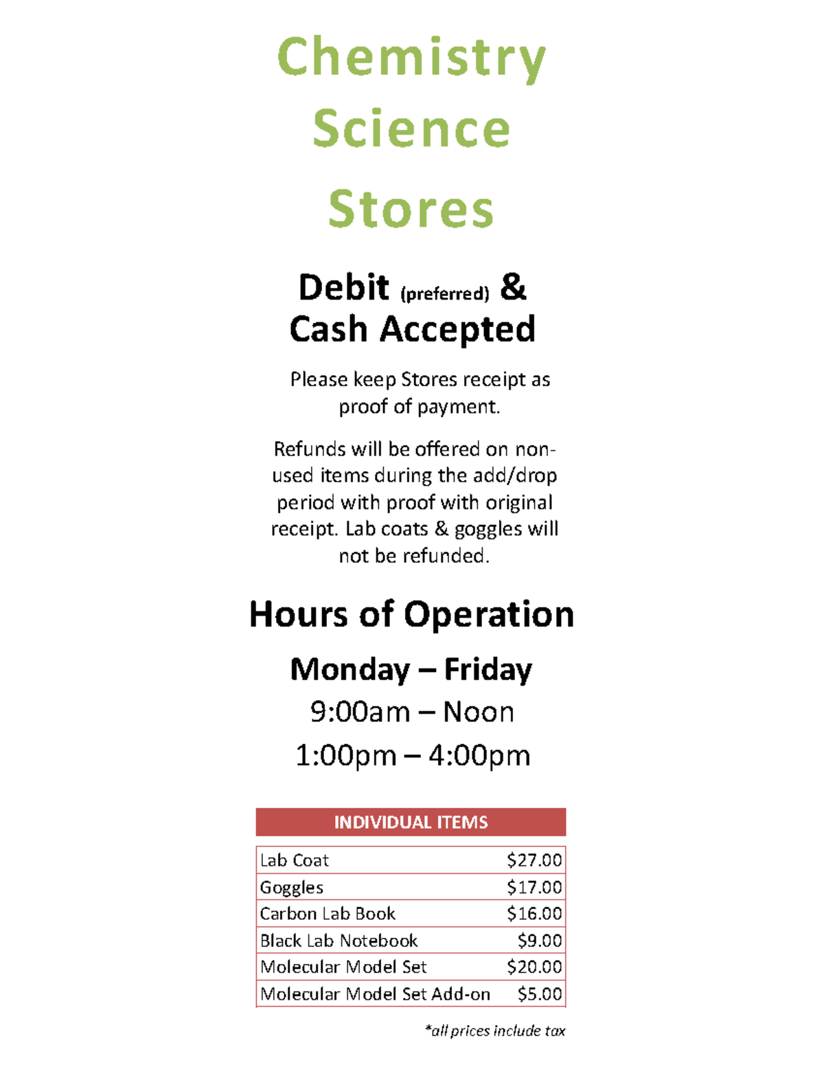 Chemistry Science Stores - Lab Supplies and Costs - Fall 2022 - Debit ...