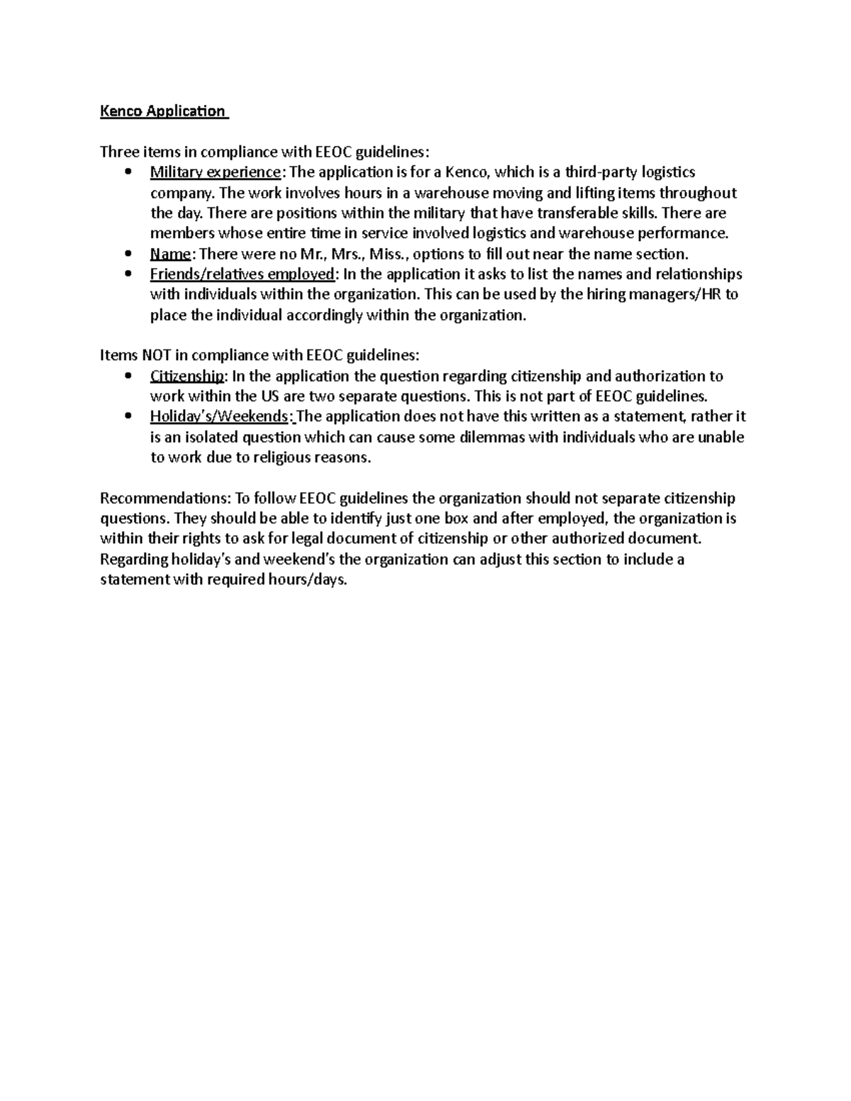 Application Critique - Kenco Application Three items in compliance with ...