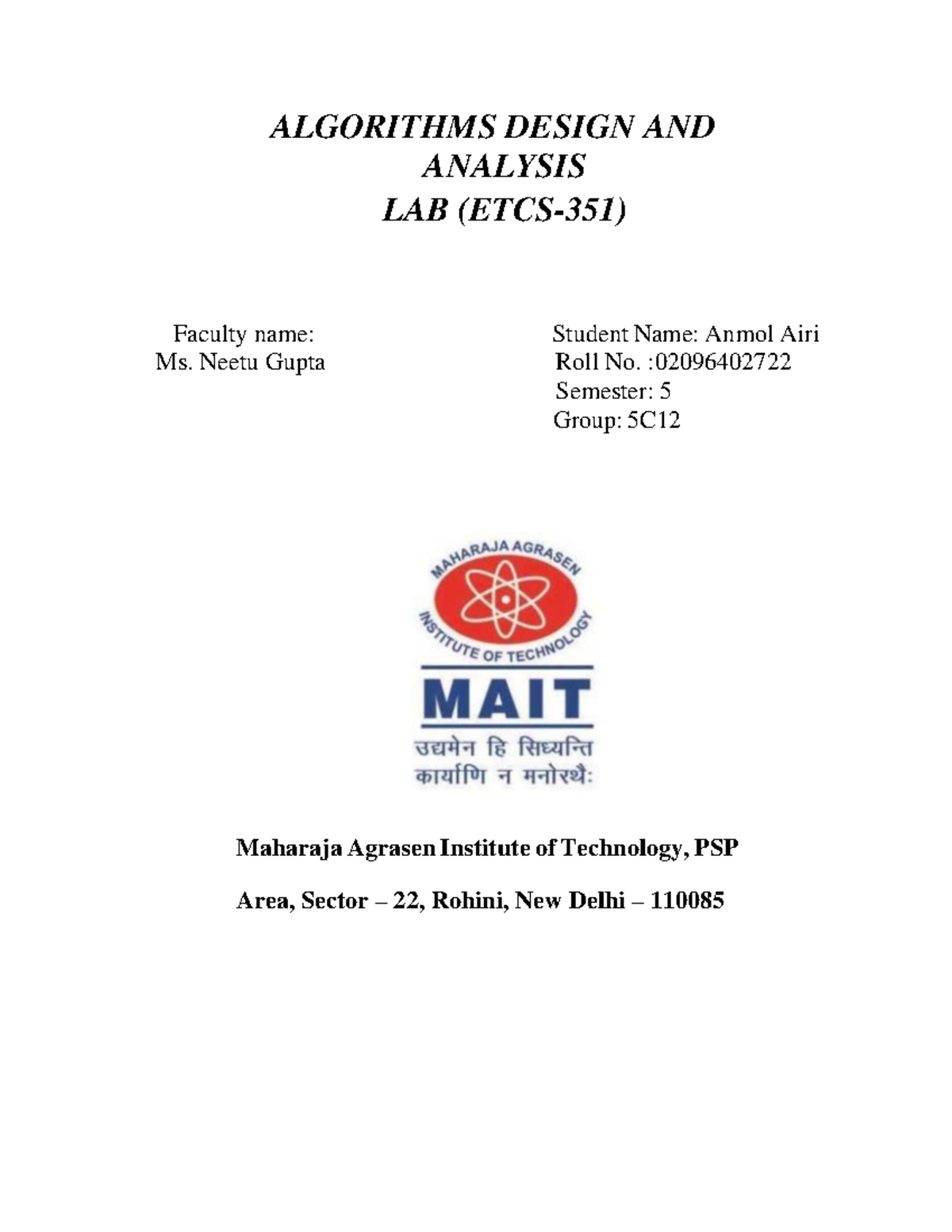 Daa cover page - first page - Algorithms Design - ALGORITHMS DESIGN AND ...