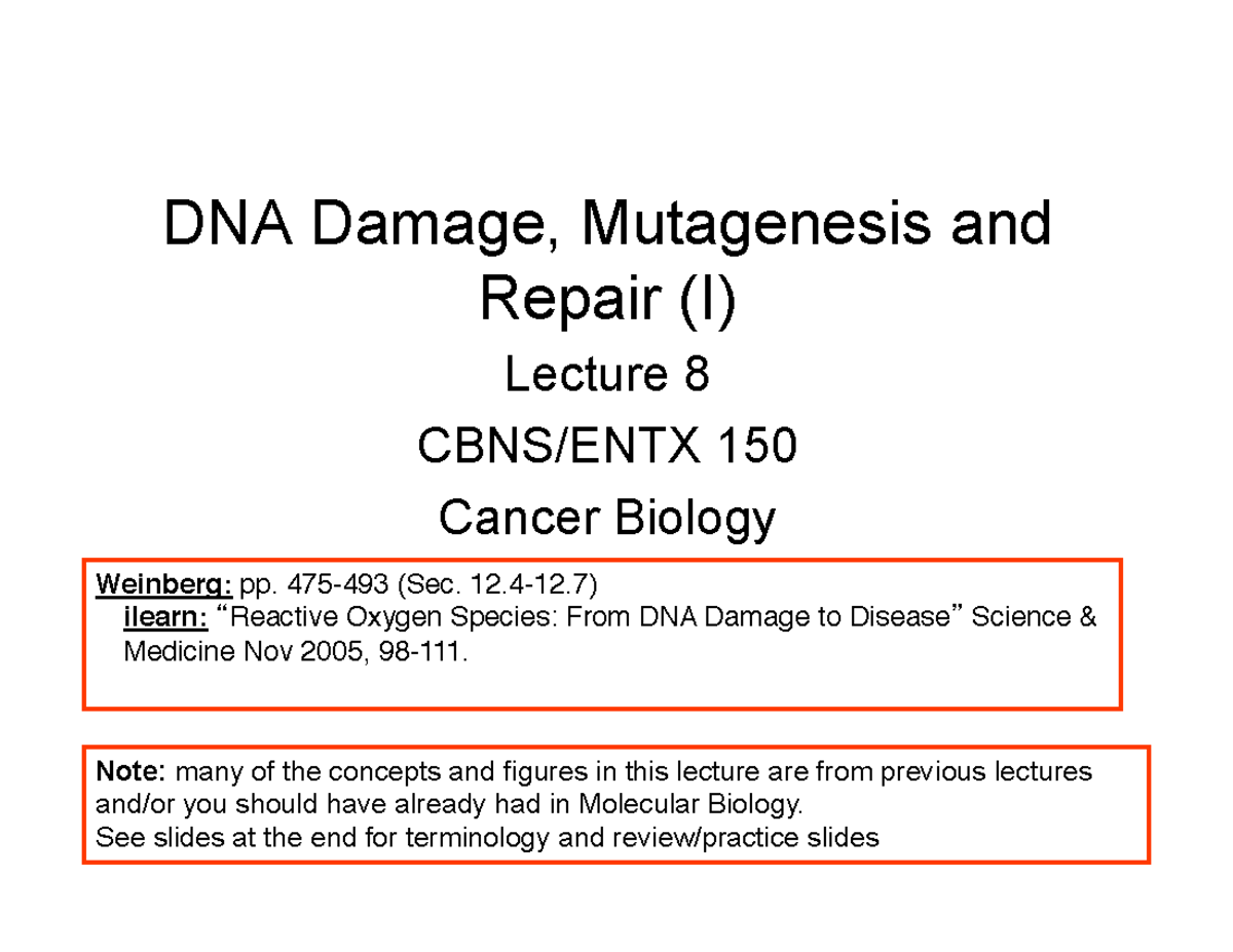 L8 CB14 - Dr. Sladek - DNA Damage, Mutagenesis and Repair (I) Lecture 8 ...