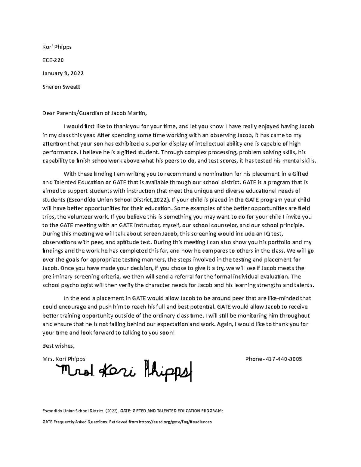 Gifted and Talented Letter ECE-220 - Kori Phipps ECE- January 9, 2022 ...