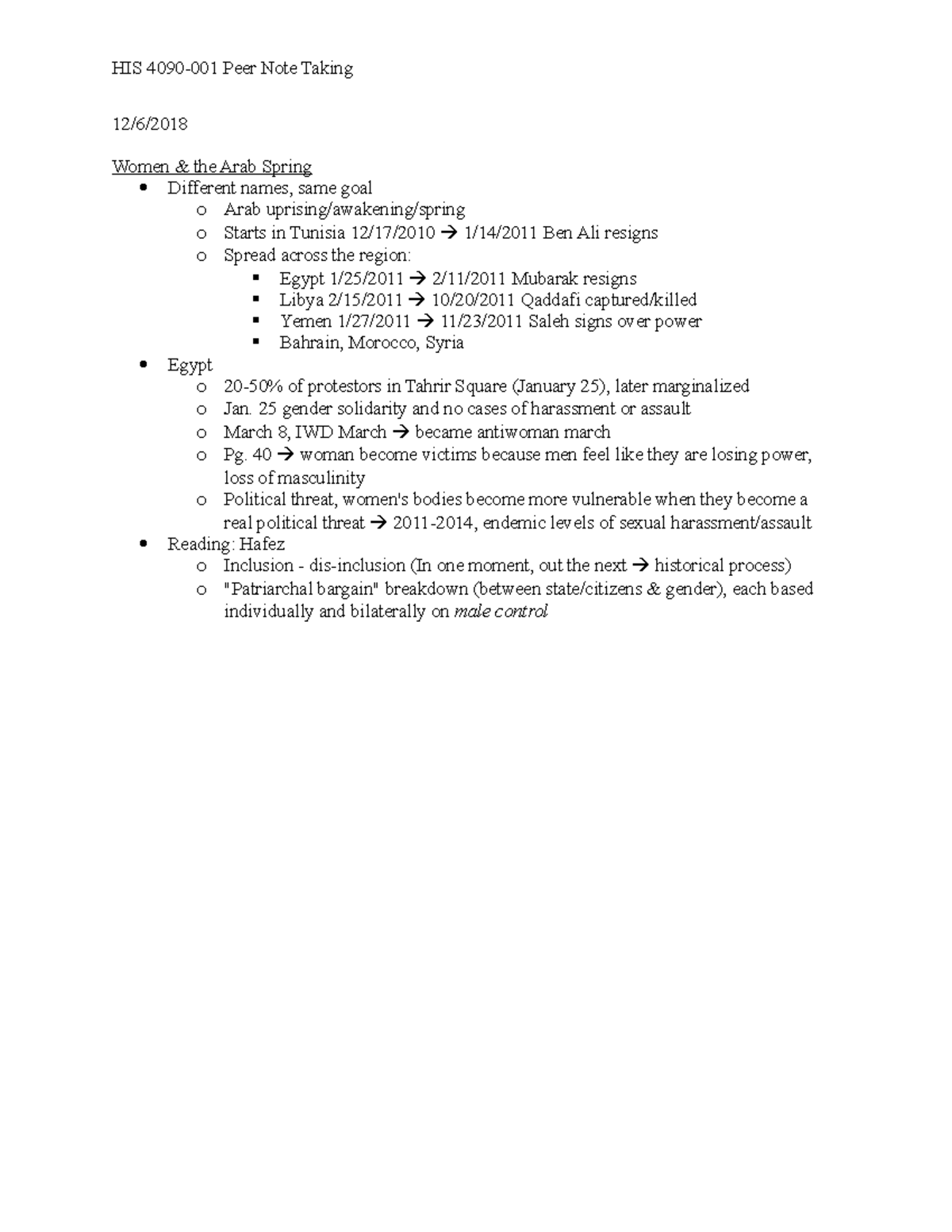 12:6:2018 lecture notes - HIS 4090-001 Peer Note Taking 12/6/ Women ...