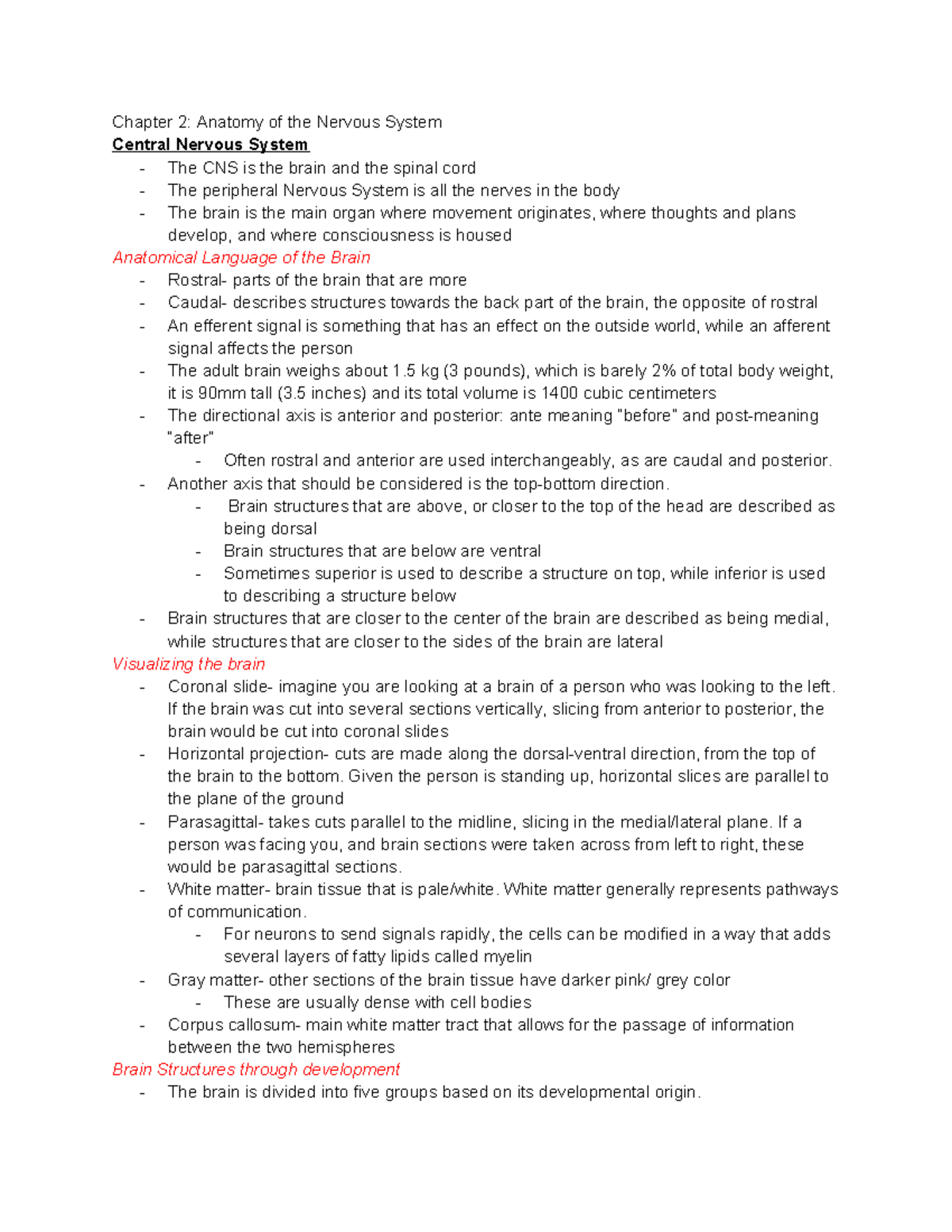 Chapter 2 Notes - Chapter 2: Anatomy of the Nervous System Central ...
