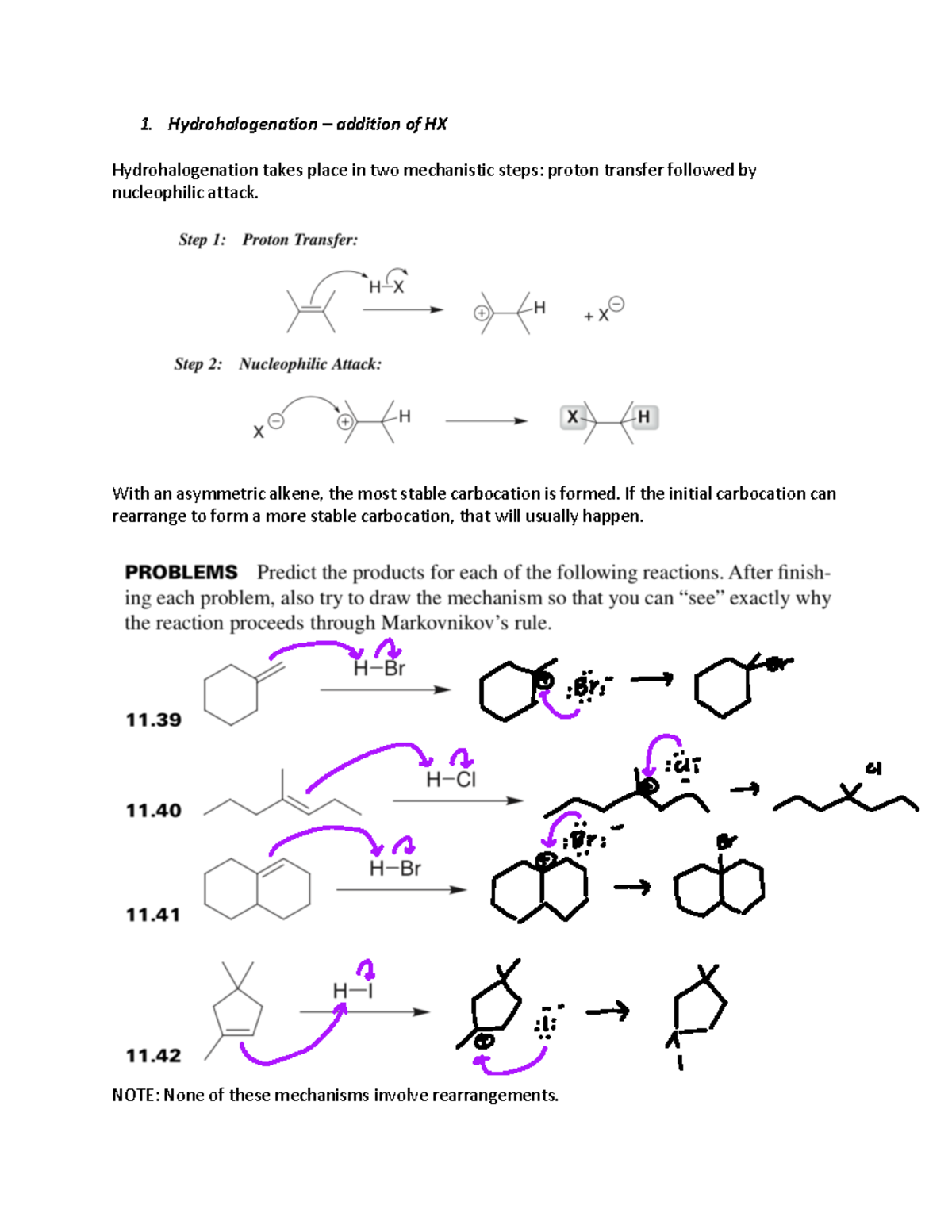 Addition 1 Classwork - Hydrohalogenation – addition of HX ...