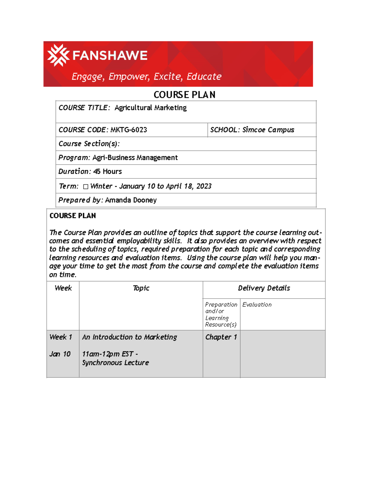 Course PLAN MKTG6023 Winter 2023 - AGM2J - Fanshawe - Studocu