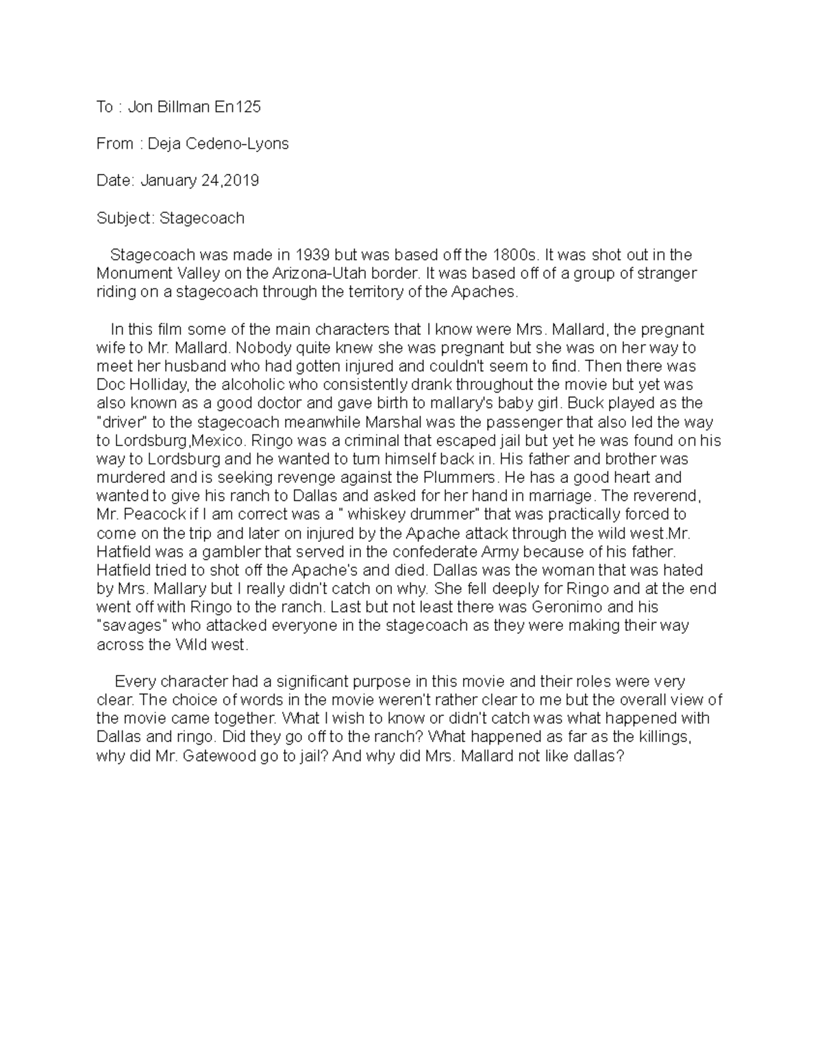 Stagecoach EN125 - Short essay on western film - To : Jon Billman En ...