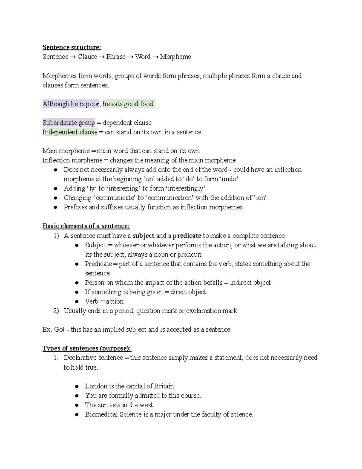 ENG1100 L1 - Intro to sentence structure, elements of a sentence and ...