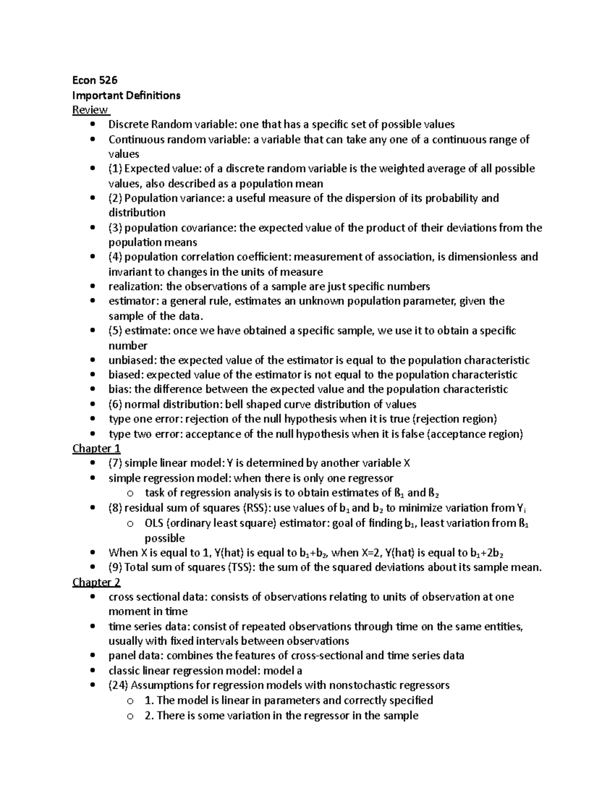 Econ 526 exam 1 - Topics to know for exam 1 - Econ 526 Important ...