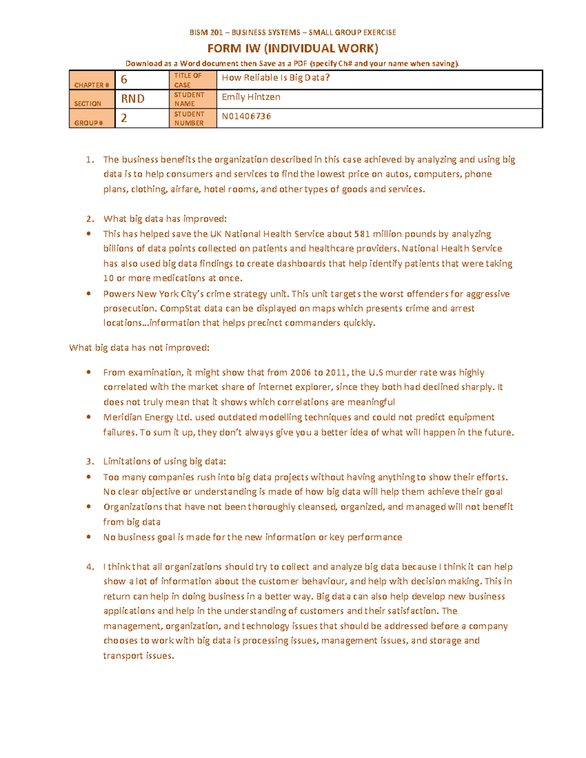Form IW for Ch6 - BISM 201 – BUSINESS SYSTEMS – SMALL GROUP EXERCISE ...