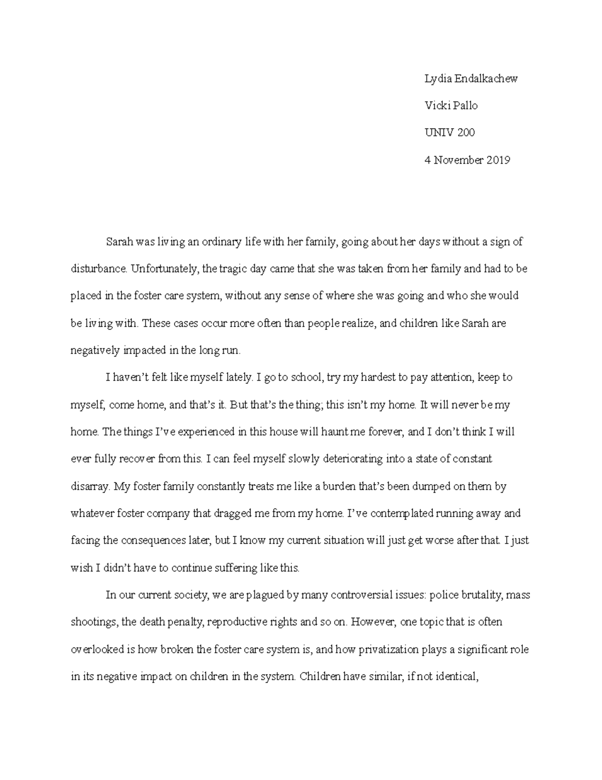 Subclaim Draft - Lydia Endalkachew Vicki Pallo UNIV 200 4 November 2019 ...